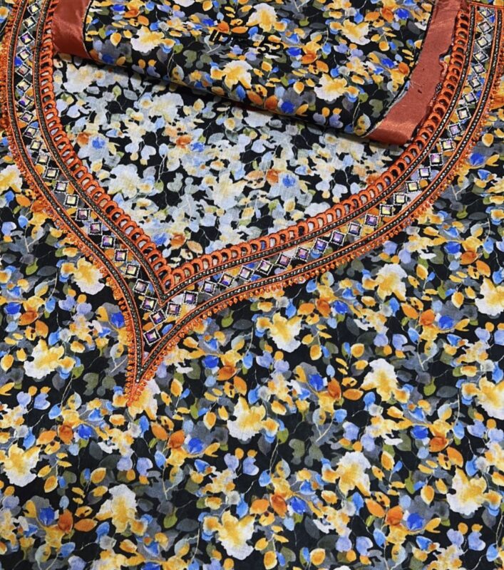 Blue Floral Print Mukhawar Embroidery With Stone Work - The Princess Choice
